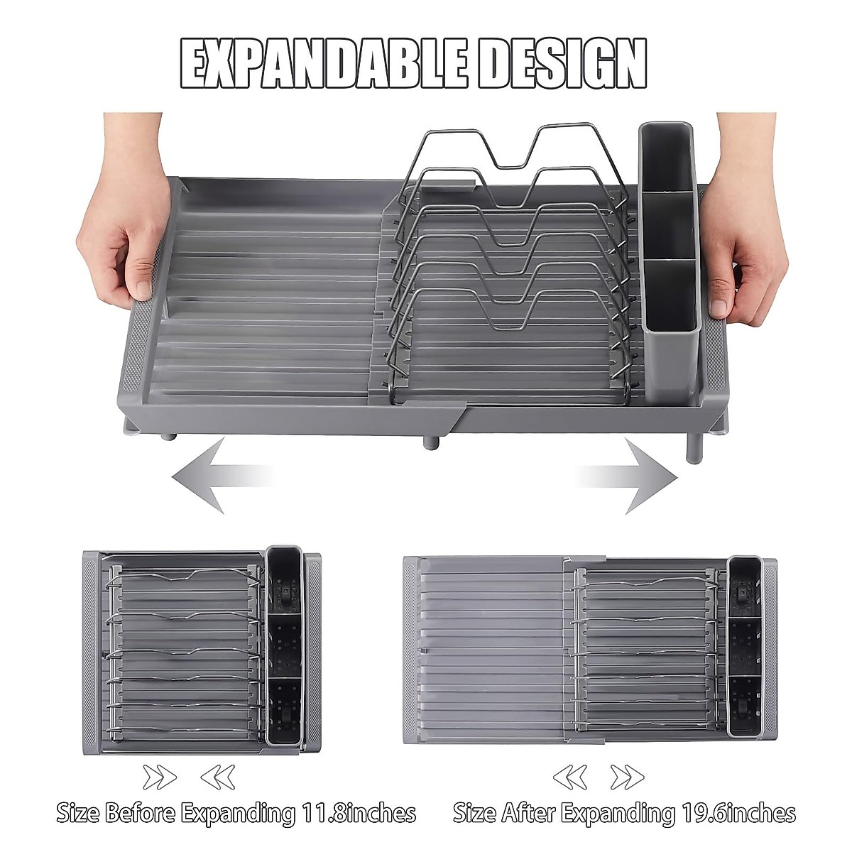 CLNGAI Expandable Dish Drying Rack, Compact Dish Drainer with Removable Utensil Holder,Space Saving Rust-Proof Small Adjustable Plate Rack for in Sink or Kitchen Counter (Gray)
