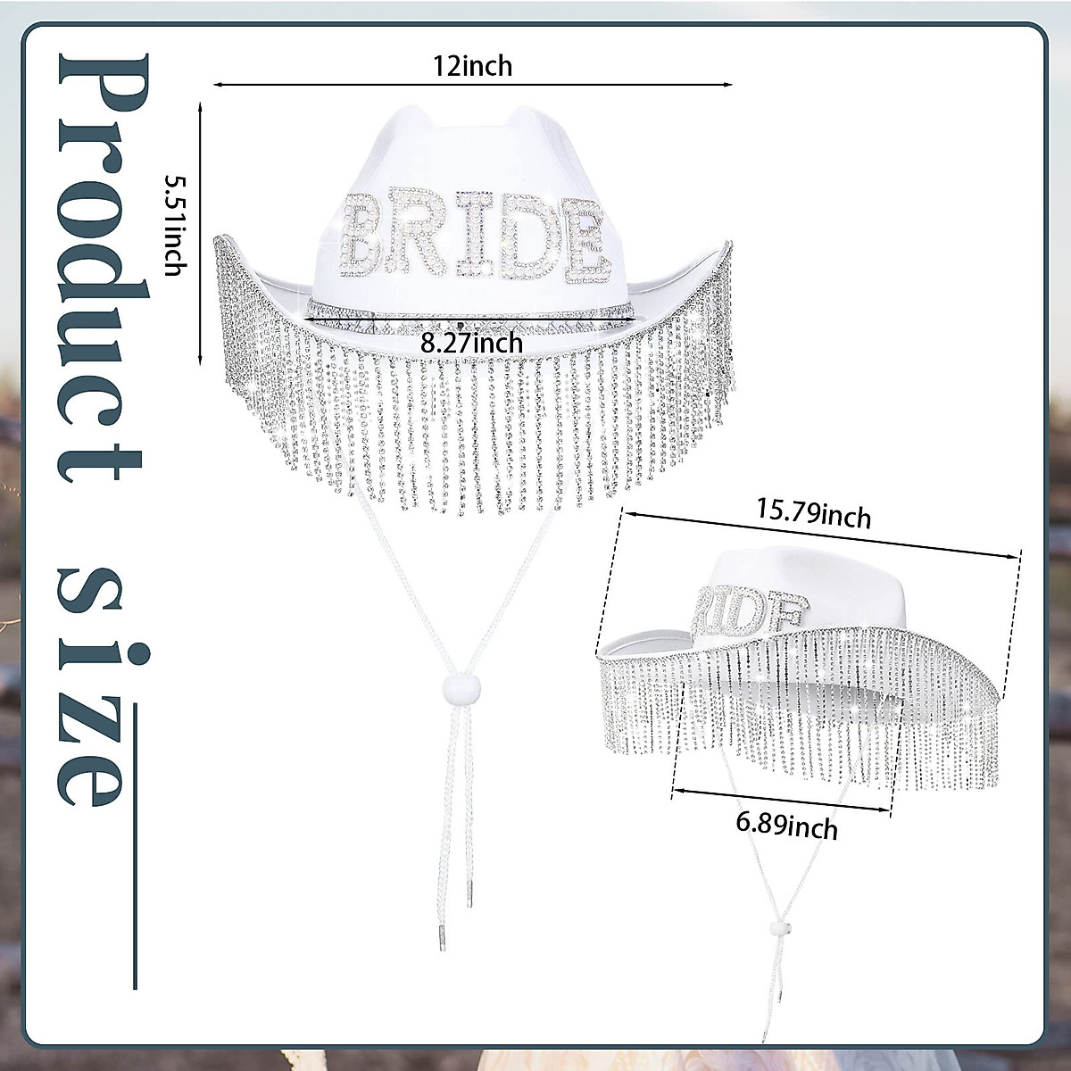 Patelai Bride Cowgirl Hat Rhinestone White Bride Cowboy Hat with Sash, Bachelorette Party Decoration, Wedding Bridal Gift(Strip Rhinestone Fringe)