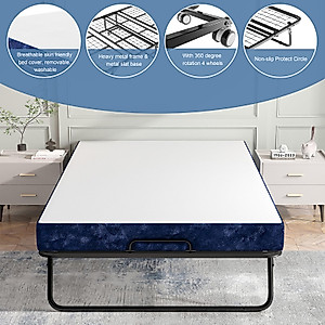 Uoobmope Folding Bed for Adults/Guests,75 x 38 Rollaway Bed with 4" Memory Foam Mattress,Space Saving Portable Bed with Lockable Wheels & Sturdy Metal Frame,Office Folding Bed,Easy Moving-4" Standard