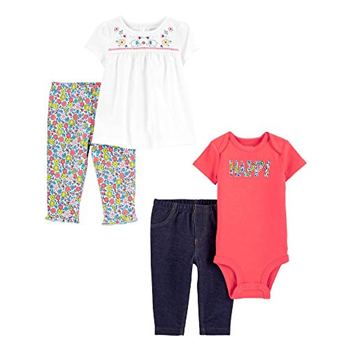 Simple Joys by Carter's Baby Girls' 4-Piece Bodysuit, Top, and Pant Set, Elephant/Floral/Happy Pack, 6-9 Months