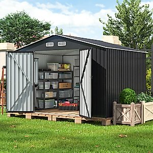 JAXPETY 8x10 FT Large Storage Shed, Metal Outdoor Shed with Air Vent Lockable Door, Sheds & Outdoor Storage Tool Shed for Backyard Garden Patio Lawn, Black