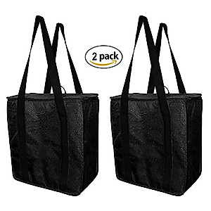 Earthwise Insulated Grocery Bags Reusable Heavy Duty Nylon Thermal Cooler Tote Leakproof with Zipper Closure Keeps Food Hot or Cold Great for Food Delivery Ubereats, Doordash, Grubhub (Black)