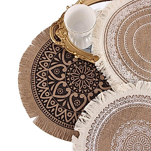 2 Pcs Round Jute Woven Placemat, Farmhouse Non-Slip Table Mats with Tassel for Kitchen Dining Table Decor Photo Props, 14.5 Inch