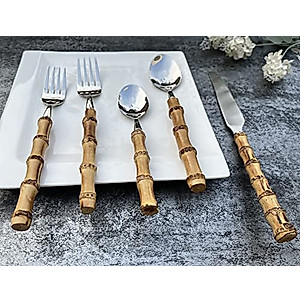 Nature Real Bamboo Handle Flatware 5-Piece Set, Stainless Steel 18/10 Food Safety Grade Silverware Cutlery Set Eating Utensils Matte Silver (Nature bamboo 5 pcs set)