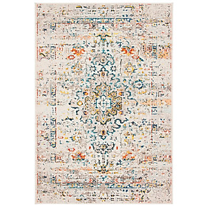 SAFAVIEH Madison Collection Area Rug - 5'3" x 7'6", Cream & Blue, Boho Distressed Medallion Design, Non-Shedding & Easy Care, Ideal for High Traffic Areas in Living Room, Bedroom (MAD474B)