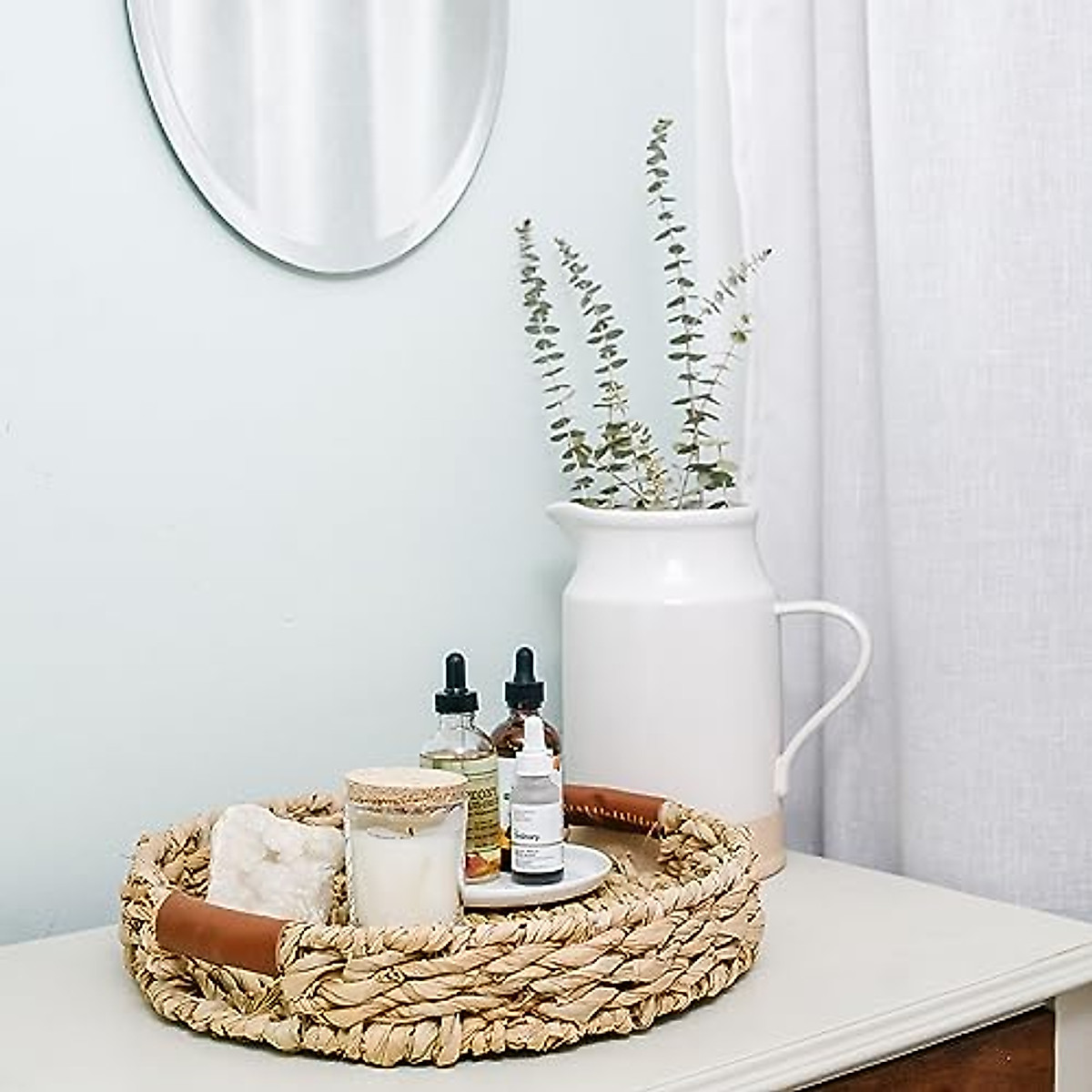 Summit Living Handwoven Round Rattan Tray with Leather Handles – Use as Home Decor or Vegetable and Fruit Organizer Tray – Water Hyacinth Circular Wicker Tray (14" x 14")