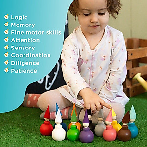 Ulanik Peg Dolls in Balls with Hats Toddler Montessori Toys for 3 Year Old + Wooden Waldorf Dolls for Learning Color Sorting and Counting — 12 Gnomes, 2.36 in
