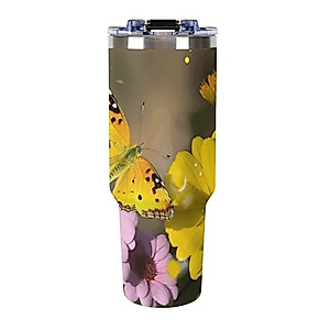 LLUTSNTH 40 Oz Vacuum Tumbler with White Handle Leakproof Insulated Tumbler Yellow Butterfly And Flower Stainless Steel Travel Mug with Lid And Straw Coffee Cup Cute Water Bottles Cup Holder Friendly