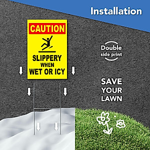 Caution Slippery When Wet or Icy - 8 x 12 Double Sided Coroplast Warning Slippery When Wet Sign - Caution Ice Sign - Caution Wet Floor Sign Yellow