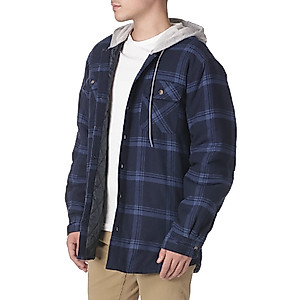 Wrangler Authentics Men's Long Sleeve Quilted Lined Flannel Shirt Jacket with Hood, Navy, X-Large