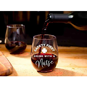 GSM Brands Stemless Wine Glass for Nurses (Safety First Drink With A Nurse) Made of Unbreakable Tritan Plastic - 16 ounces