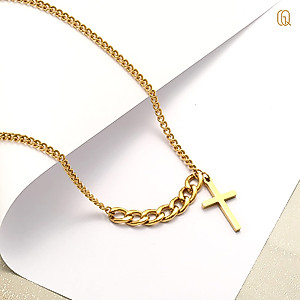 QGoliver Cross Necklace for Women Couple Necklaces Stainless Steel Curb Chain with Lord's Prayer Plain Cross Pendant Necklace for Men, Gold