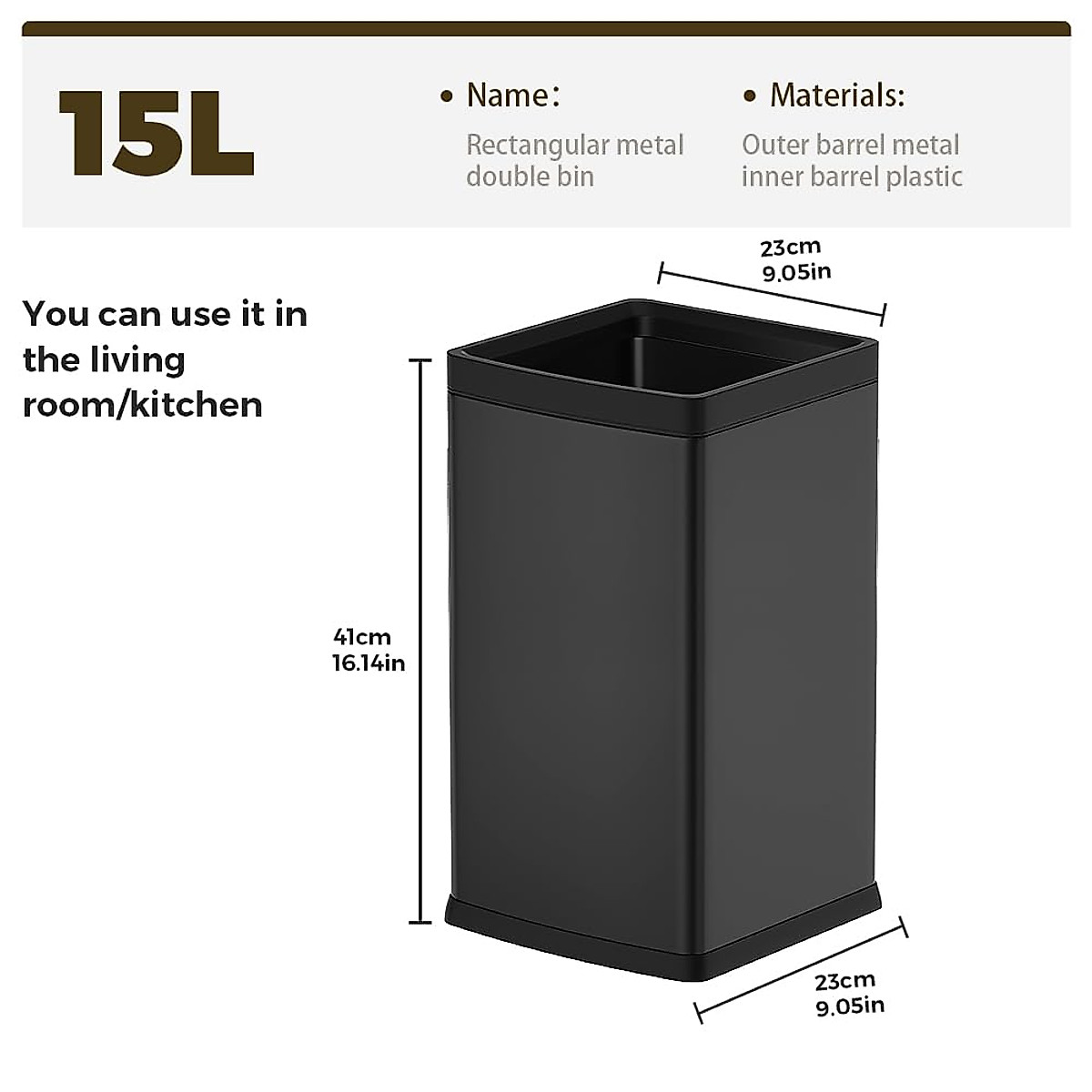 YOJIA 4 Gallon/15L Square Trash bin, Double Layer Bathroom Trash cans,Large Capacity,Elegant Garbage Can, for Home,Kitchen,Office,Hotel(15L Black)