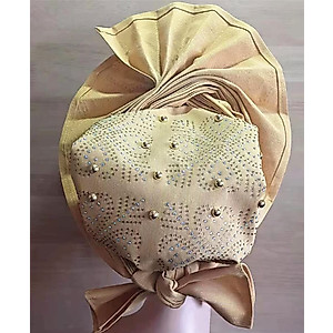 Luxury Nigerian Headtie Already Made African Headtie Women Headbands Head Wrap Headties Femme Headscarf Headgear Sewing Fabric For Party (Gold)