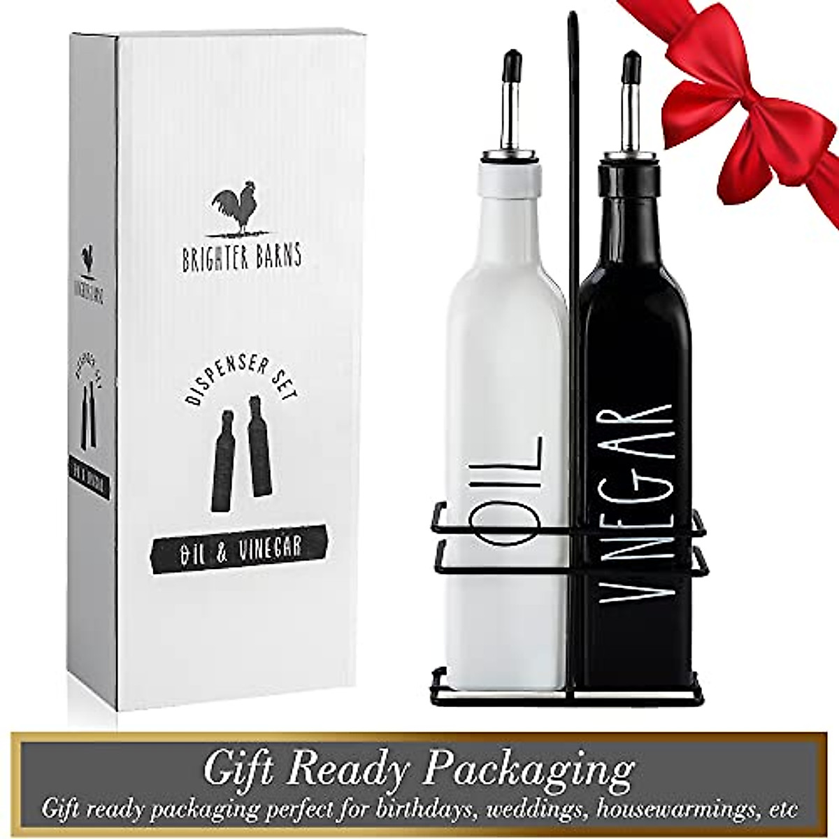 Brighter Barns Farmhouse Oil and Vinegar Dispenser Set Black & White Olive Oil Dispenser Bottle with Caddy Holder & Stainless Steel Spout - Cute Modern Vintage Glass Cruet for Kitchen -500ml 17oz