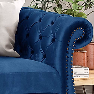 GDFStudio Chesterfield Tufted Jewel Toned Velvet Sofa with Scroll Arms, Navy Blue