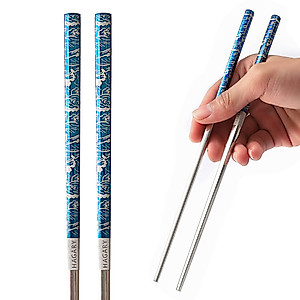 Hagary Blue Wave Chopsticks 5 Pairs Metal Chopsticks Reusable Designed In Korea Japanese Style Stainless Steel 316 18/10 Non-Slip Dishwasher Safe Laser Engraved