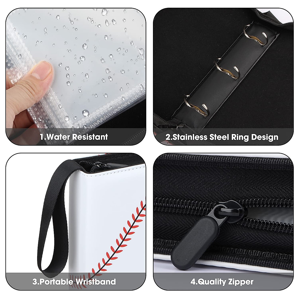MIXPOET Baseball Card Binder with Zipper, 4 Slots - Fit 400 Cards, Waterproof Card Album Holder Protectors Storage Book Fit Football, Baseball, Sport Cards and Other Trading Cards (White Stitches)