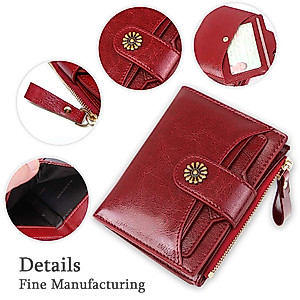 Dyeek Women Genuine Leather Wallet Short Wallet Ladies Purses Luxury Wax Leather Card Holder Large Capacity Multiple Card Position Zipper Coin Pocket(Wine Red) , Medium
