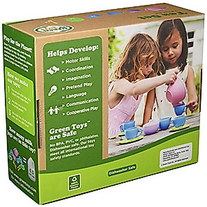 Green Toys Tea Set, Pink 4C - 17 Piece Pretend Play, Motor Skills, Language & Communication Kids Role Play Toy. No BPA, phthalates, PVC. Dishwasher Safe, Recycled Plastic, Made in USA.