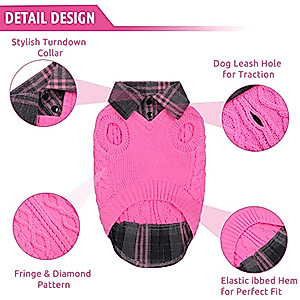 JUDYBRIDAL Warm Dog Sweater with Leash Hole Plaid Patchwork Turtleneck Pet Knitted Sweaters Soft Cozy Dog Vest Clothes for Cold Weather for Small Medium Large Dogs (XL | Pink)