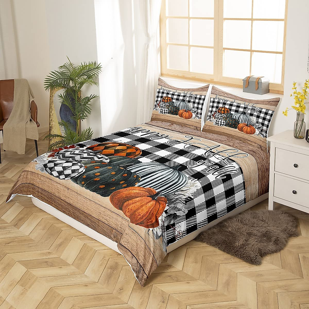 Fall Pumpkins Thanksgiving Bedding Set King Black White Buffalo Plaid Bedding Duvet Cover Rustic Farmhouse Wooden Board Comforter Cover For Adults Women Men Happy Autumn Fall Bed Set Brown 3 Pcs
