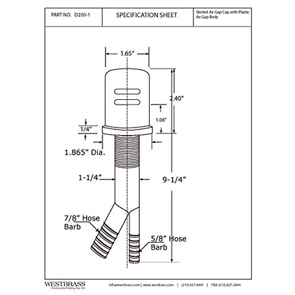 Westbrass D200-1-20 1-3/4" x 2-3/4" Solid Brass Air Gap Cap Kit, Skirted, Stainless Steel