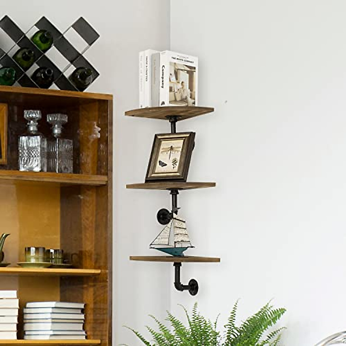 MyGift Wall Mounted Floating Corner Shelves, Rustic Burnt Solid Wood Rounded Corner Shelf with Black Metal Pipe Mounting Brackets, Set of 3