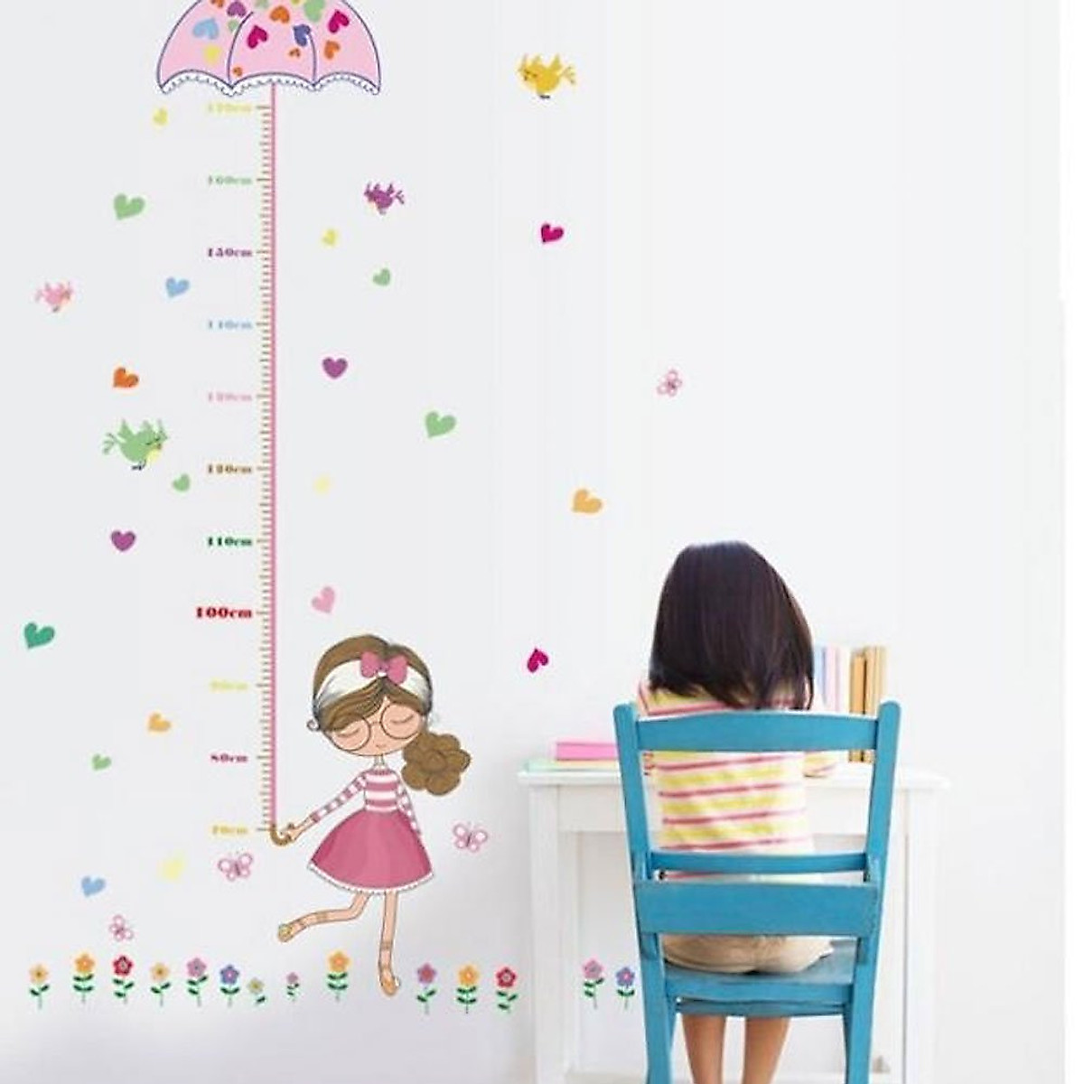 Braceus Kids Height Growth Chart Wall Art Cartoon Girl Bird Flower Sticker Decal