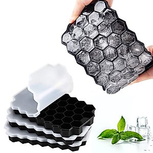 Hocerlu Ice Cube Trays, 3 Pack Silicone Small Ice Cube Trays with Removable Lid, Easy-Release Flexible Hexagonal 37-Ice Cube Molds, Stackable for Freezer, Chilled Drinks, Whiskey, Cocktail - Black