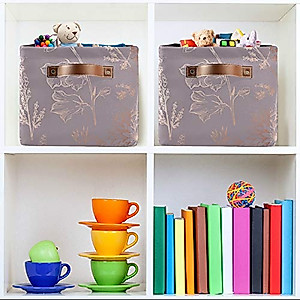 susiyo Large Foldable Storage Bin Rose Gold Elegant Floral Fabric Storage Baskets Collapsible Decorative Baskets Organizing Basket Bin with PU Handles for Shelves Home Closet Bedroom Living Room-2Pack