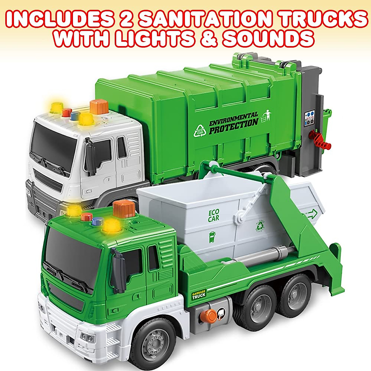 ArtCreativity Sanitation Trucks Set, Pack of 2, Light Up Garbage Trucks for Boys and Girls with Movable Parts, Sound, and LEDs, Push and Go Toy Sanitation Truck Set, Car Toys for Kids Ages 3 and Up