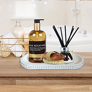 dwellington Wooden Farmhouse Decorative Tray, 12in Rustic Beaded Tray for Living Room Decor, Kitchen Table Décor, Oval Coffee Table Serving Tray (White)