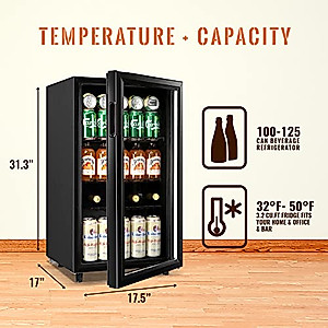 WANAI Beverage Refrigerator Cooler Mini Fridge Glass Door 125 Cans Beer Fridge Drinks Organizer for Soda Wine Small Refrigerator with 7 Thermostat 3 Shelves LED Lights for Home Bar Office