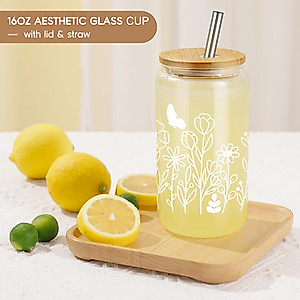 GSPY Floral with Butterfly Iced Coffee Cup, 16oz Iced Coffee Glasses with Lids and Straws - Cute Glass Cups, Aesthetic Cup, Glass Tumbler - Birthday, Mothers Day Gifts for Women, Coffee Lovers