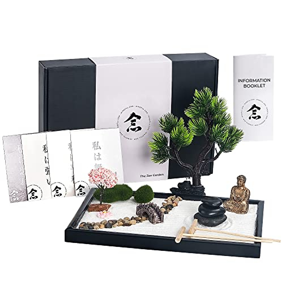 Mindful Gem Zen Garden for Desk, Positive Affirmations Cards, Bonsai Tree, Buddha Statue and Zen Garden Accessories - Home and Office Meditation Decor - Zen Gifts