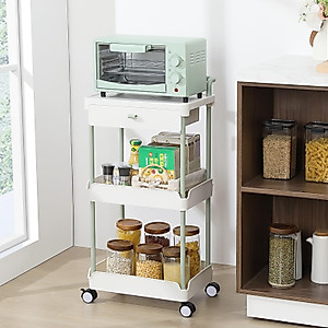 TOOLF Rolling Storage Cart with Drawer, 3 Tier Rolling Utility Cart with Tabletop, Rolling Cart Organizer for Teacher Craft Baby Nursery, Utility Cart for Kitchen Bathroom Bedside Office