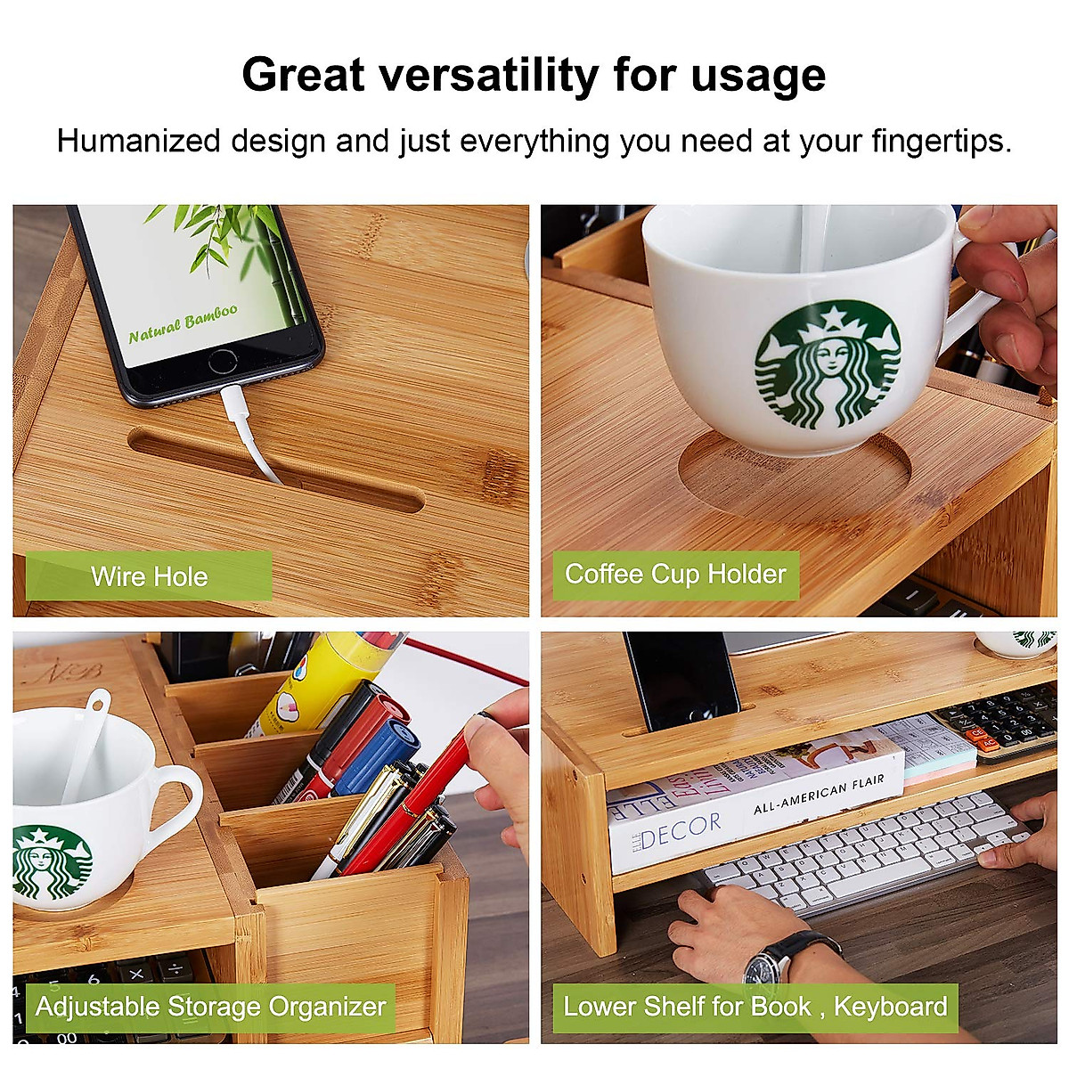 NXN-HOME 2-Tier Bamboo Monitor Stand | Wood Desk Organizers and Accessories | Laptop Computer Monitor Riser with Adjustable Storage Accessories