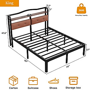 OSASET King Size Bed Frame - King Bed Frame with Headboard and Galaxy Projection Lights, 18 in Heavy Duty Metal Bed Frame No Box Spring Needed with USB Charging Station- Easy Assembly and Noise Free