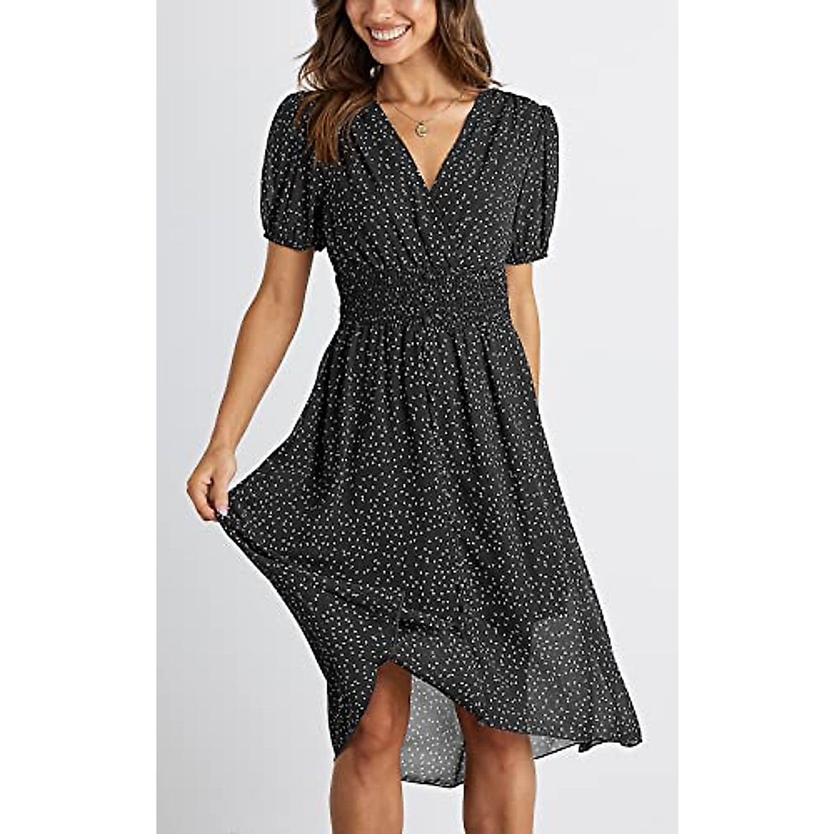 PRETTYGARDEN Casual Summer Dresses for Women Knee Length Polka Dot Floral Printed Short Sleeve Wrap Dress Midi Button Down Dress for Women Wedding Guest (Black, Medium)