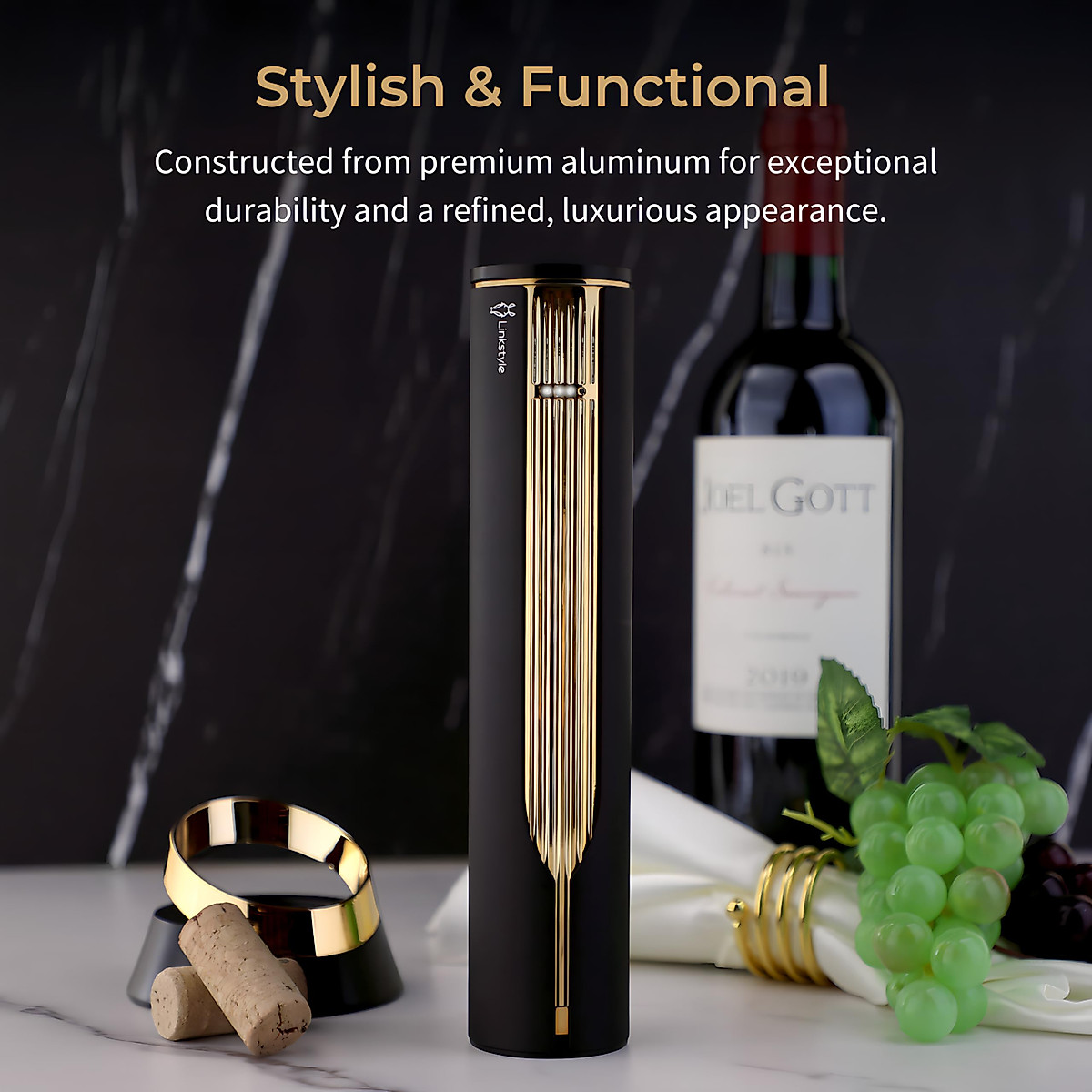 OPENERO Electric Wine Opener — Luxurious Automatic Wine Corkscrew Electric with Charging Base and Steel Foil Cutter, Wine Gifts For Women Men (Gold)