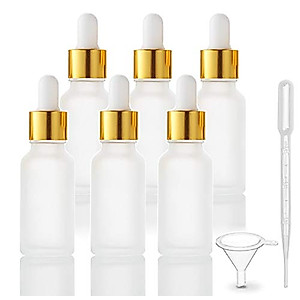6 Pack,Frosted Glass Dropper Bottle for Essential Oils,Empty Glass Liquid Holder With Glass Eye Dropper,Golden Caps Travel Perfume Cosmetic Container-Pipette&Funnel included (15ml/0.5 fl oz)