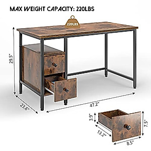 GIKPAL Computer Desk for Home Office, Study Writing Desk with 2 Drawers, Desk with Storage for Bedroom 47 inch, Black/Rustic Brown (Rustic Brown)