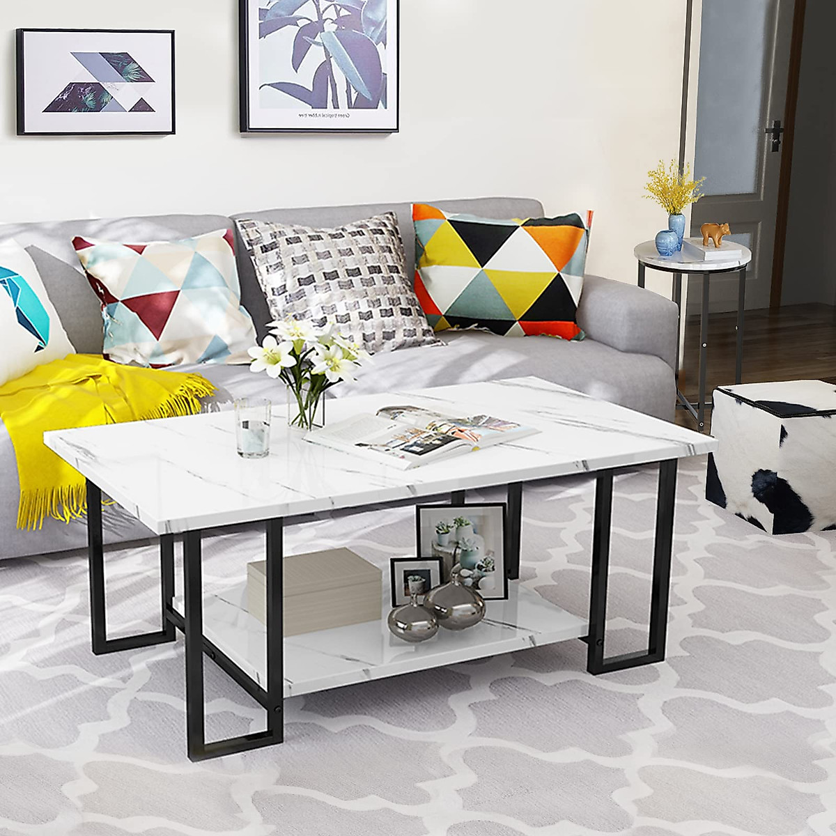AWQM Coffee Table Set of 3, Faux Marble Coffee Table with 2 Round End Side Tables, Modern Living Room Table Set with Metal Frame for Apartment Home Office, White Black