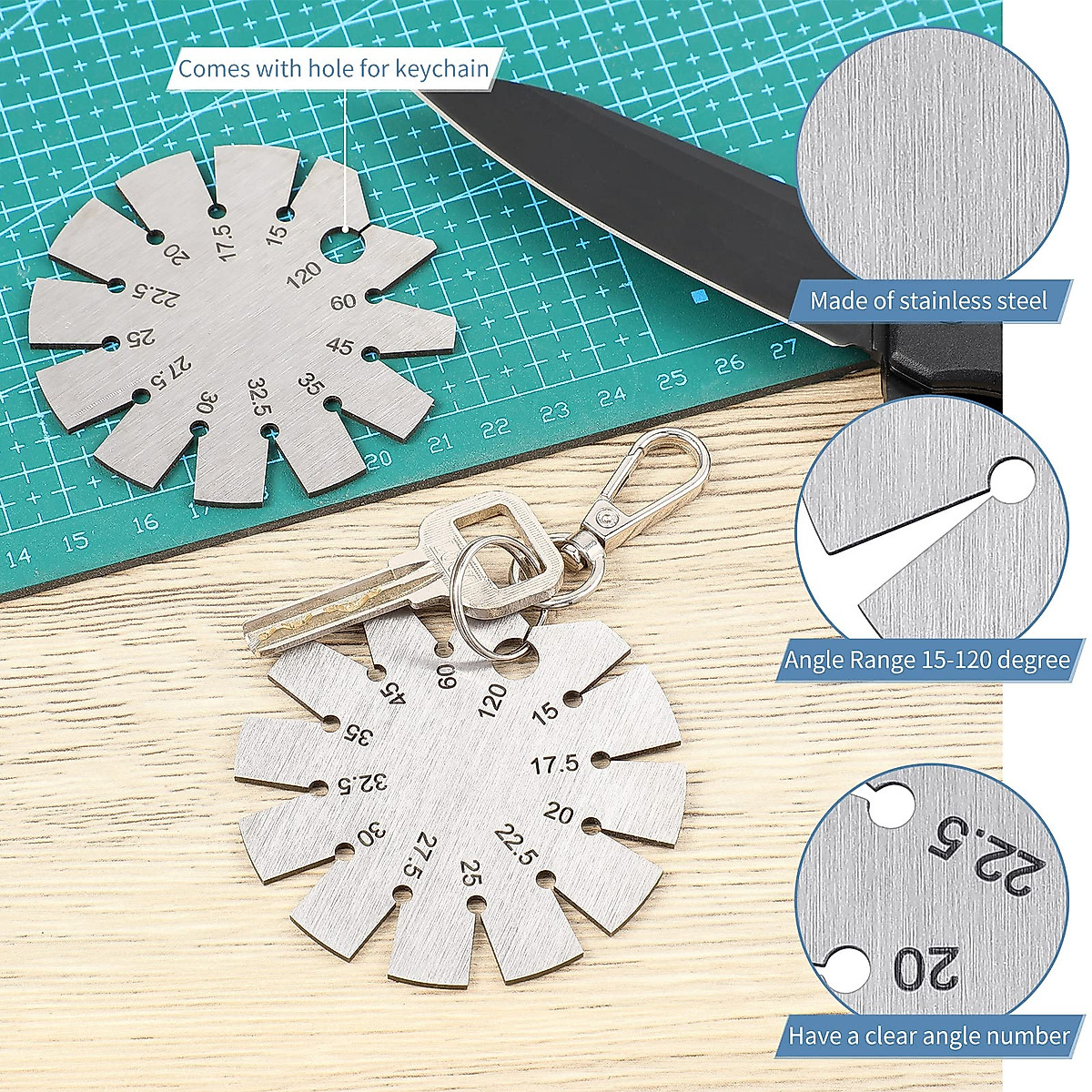 2 Pieces Stainless Steel Bevel Gauge Axe Angle Gauge Round Shape Knife Angle Finder Knife Blade Angle Gauge 15-120 Degree for Measuring Knife Angle
