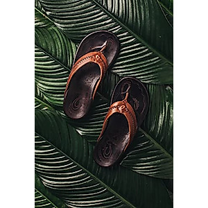OLUKAI Mea Ola Men's Beach Sandals, Premium Leather Flip-Flop Slides, Compression Molded Footbed & Comfort Fit, Laser-Etched Design, Tan/Dk Java, 10