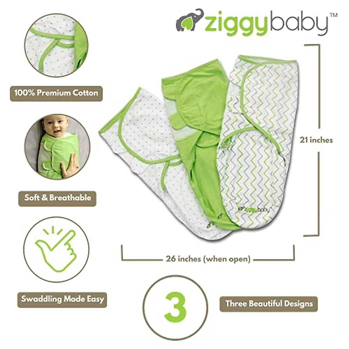 Ziggy Baby Swaddle Blanket Wrap Set Chevron, Dot, Solid, Grey/Green/White, 3 Pack