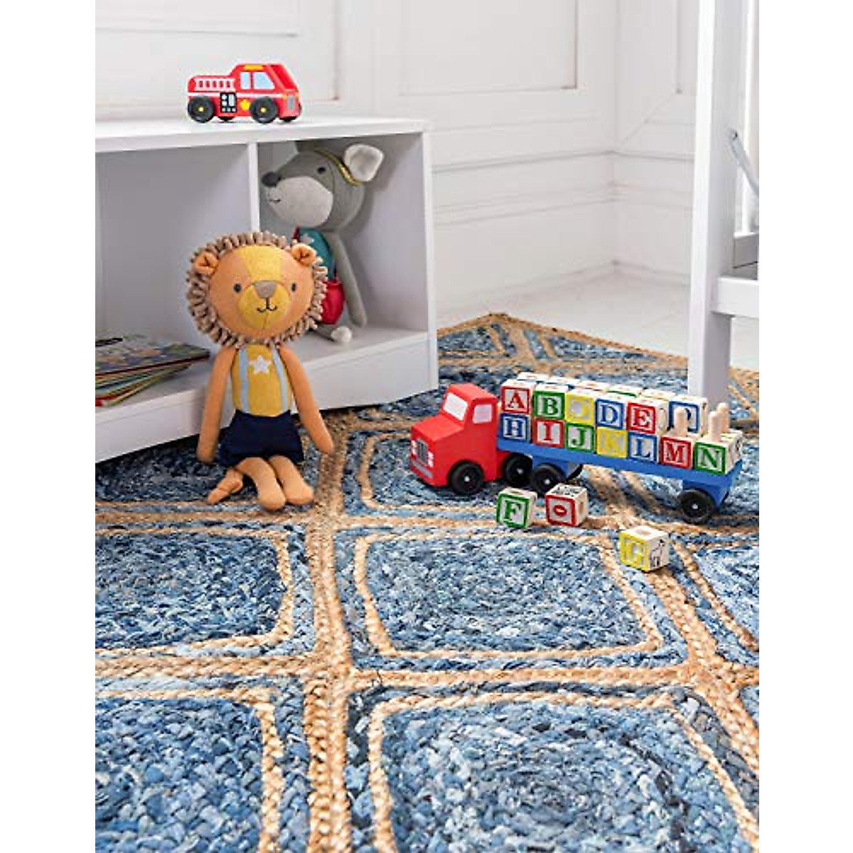 Unique Loom Braided Jute Collection Classic Quality Made Natural Hand Woven with Geometric Design Area Rug (9' 0 x 12' 0 Rectangular, Blue/ Natural)