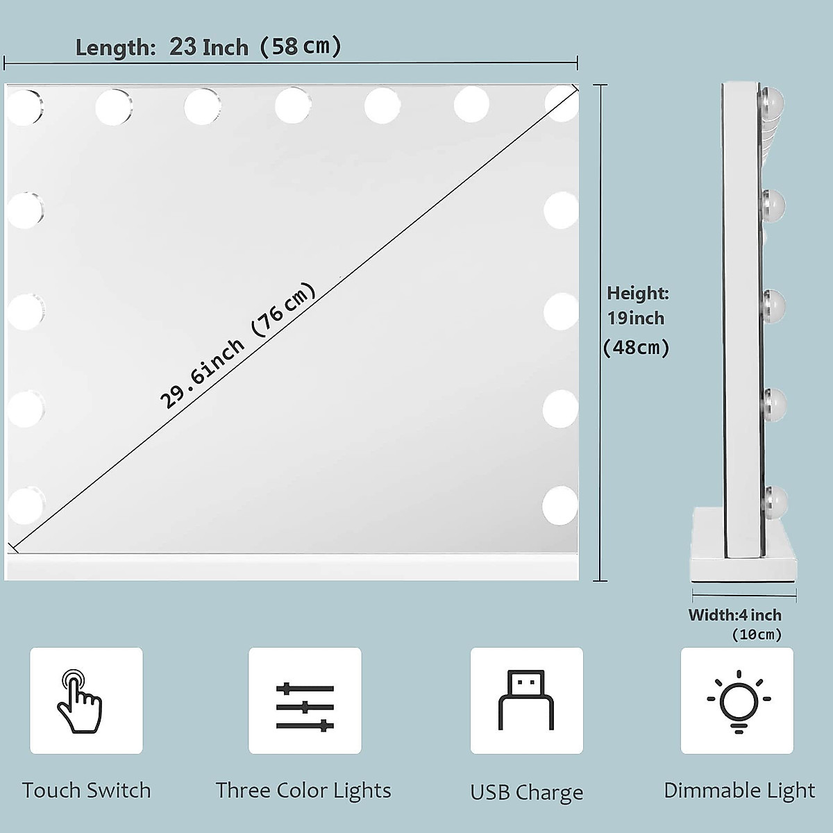 NEKL Hollywood Vanity Mirror with Lights, 23x19 Inch, 3 Modes, Touchscreen, USB Port, Tabletop & Wall-Mounted