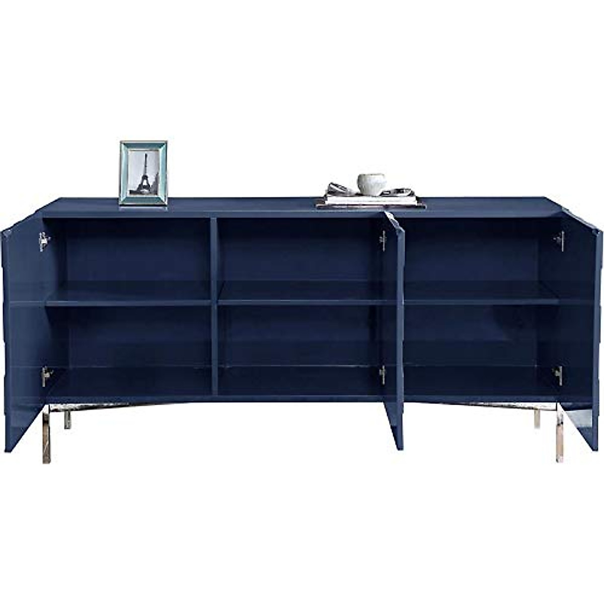 Meridian Furniture Collette Collection Modern | Contemporary Sideboard Buffet, Rich Chrome Stainless Steel Base, Navy Laquer Finish, 64" W x 18" D x 31" H, Cabinet